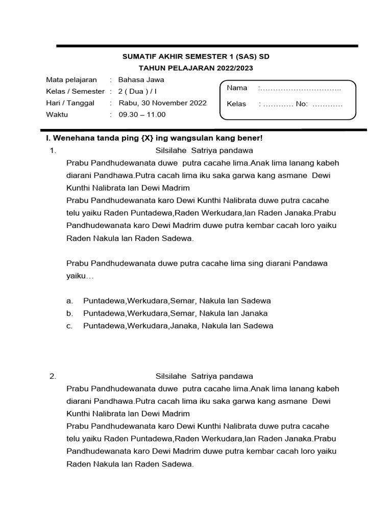 Soal SAS Bahasa Jawa Kls 2 | PDF
