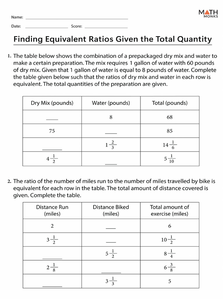 Finding Equivalent Ratios Given The Total Quantity Worksheet | PDF