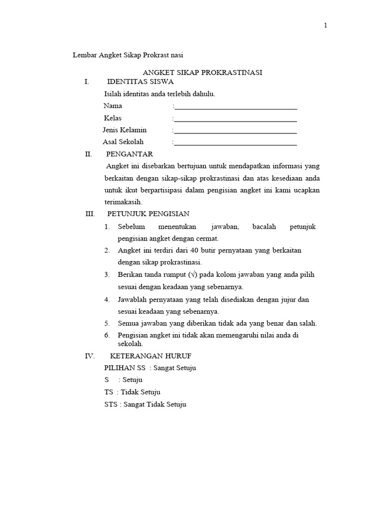 Angket Sikap Prokrastinasi Siswa | PDF
