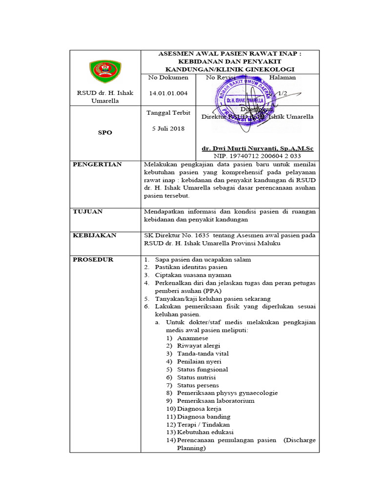 AP 1.d. SPO ASESMEN PASIEN KEBIDANAN.. | PDF
