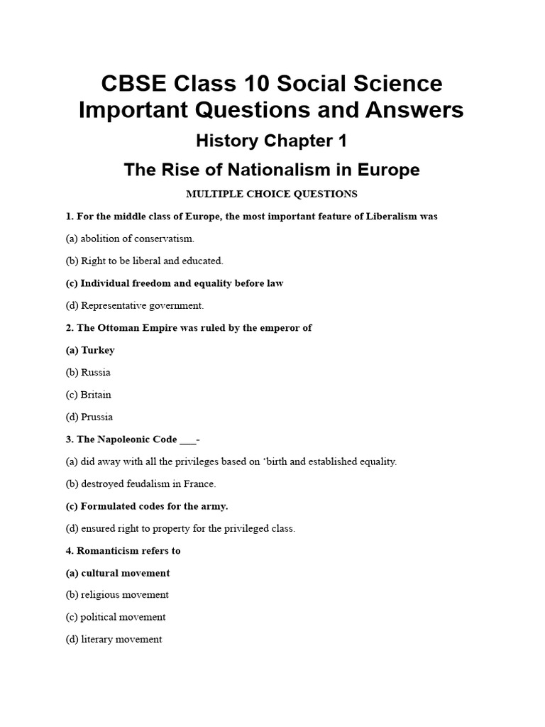 Cbse Class 10 Social Science Important Questions and Answers History ...