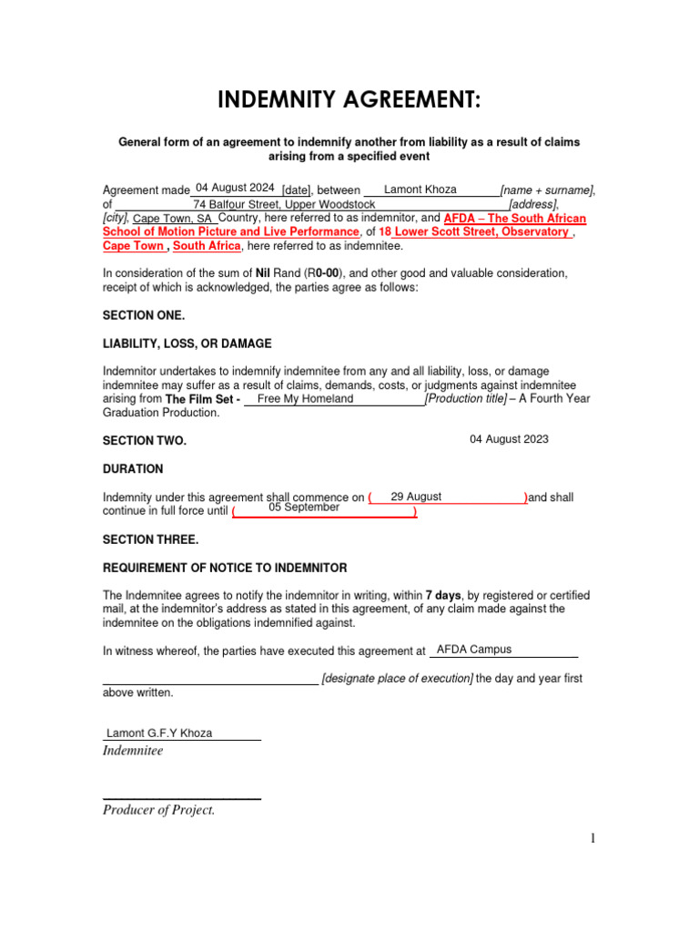 AFDA Indemnity Agreement (Updated) | PDF