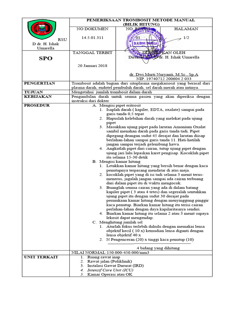 Pemeriksaan Trombosit Manual RSU | PDF | Sains & Matematika