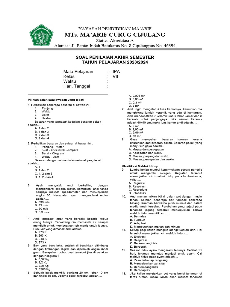 Soal PAS IPA Kelas 7 Tanpa Titik | PDF