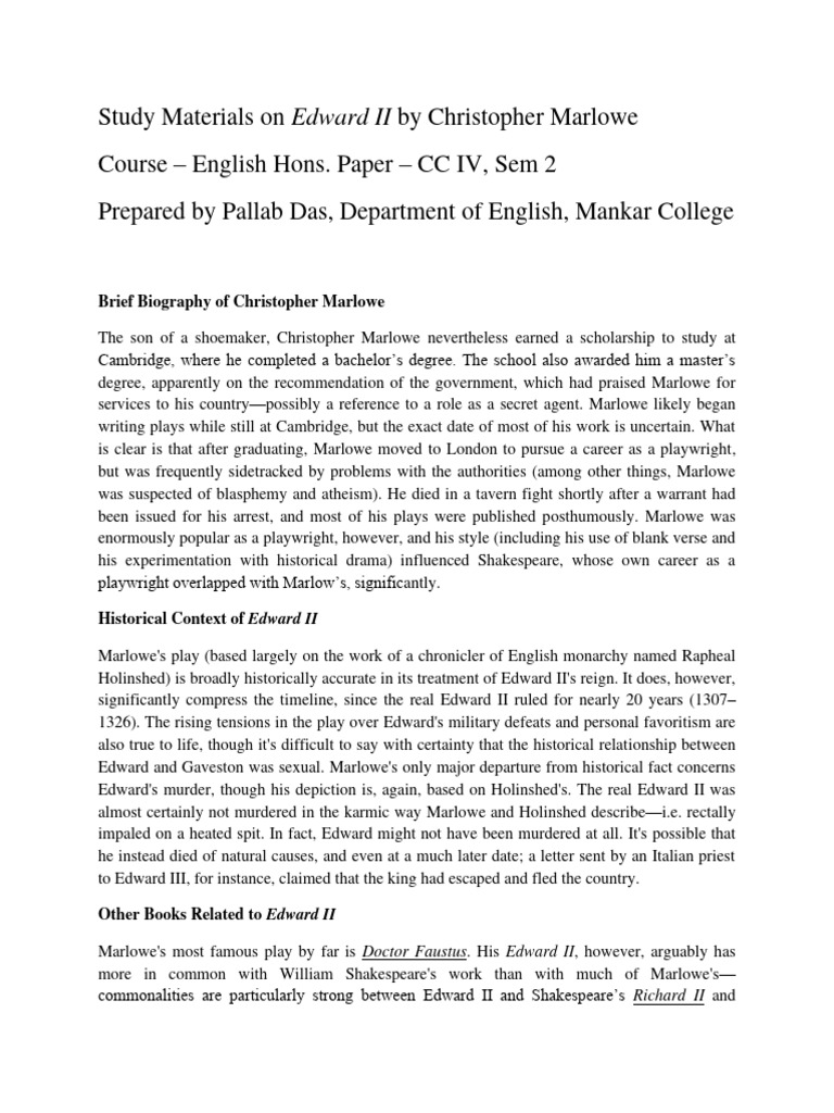145818S.M On Edward II CC4 Sem 2 Hons | PDF | Christopher Marlowe