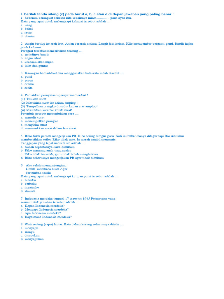 Soal UAS Bahasa Indonesia Kelas 3 Semester 1 Terbaru Tahun 2018 | PDF | Fiksi Umum
