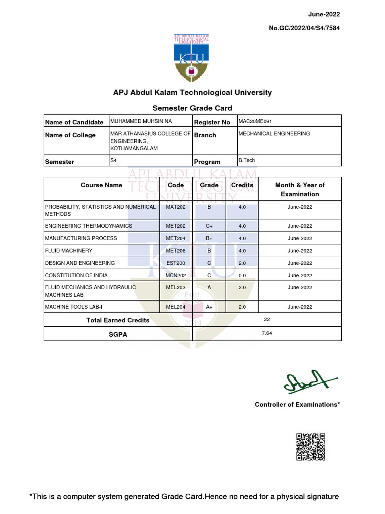 APJ Abdul Kalam Technological University Semester Grade Card | PDF