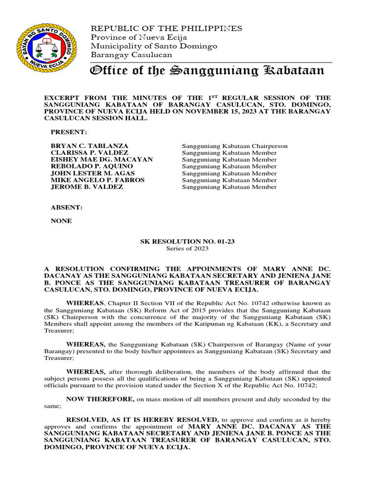 BR Appointment of SK Secretary and Treasurer | PDF | Youth | Youth ...