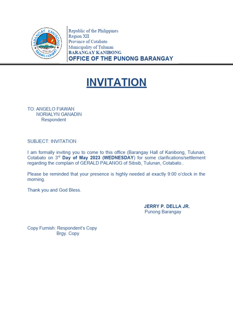 Barangay Assembly Invitation Letter | PDF