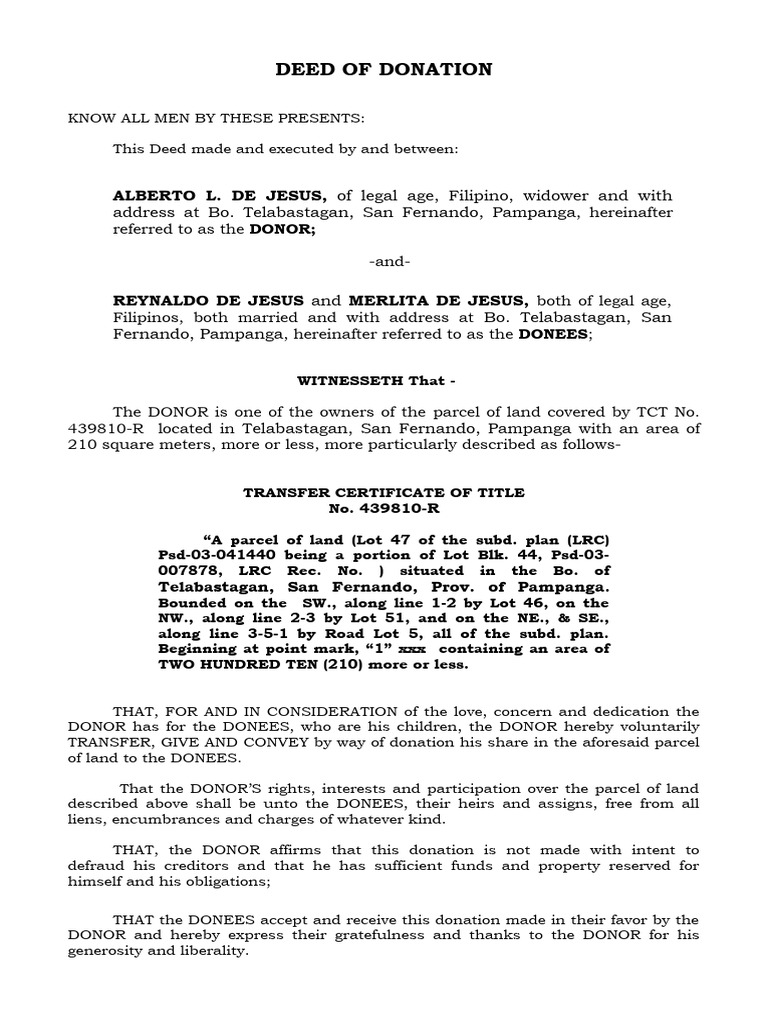 DEED of DONATION Ebreojklxfhdgh | PDF | Notary Public | Title (Property)