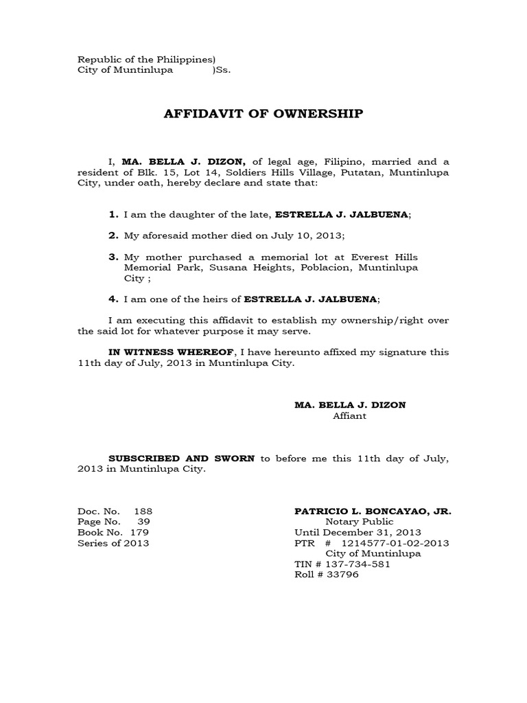 AFFIDAVIT Ownership2 | PDF | Affidavit | Notary Public