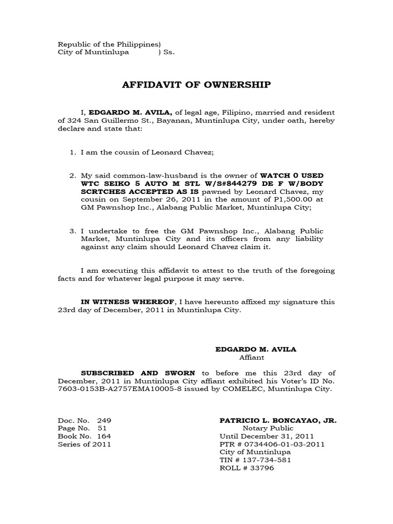 AFFIDAVIT Ownership Pawnshop | PDF | Affidavit | Notary Public