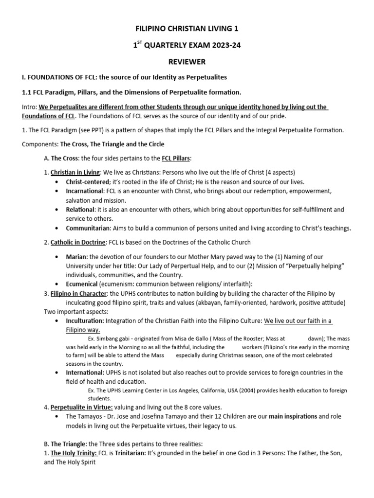 FCL 1 Reviewer 1Q TEST 2023 24 | PDF | Mary, Mother Of Jesus | Jesus