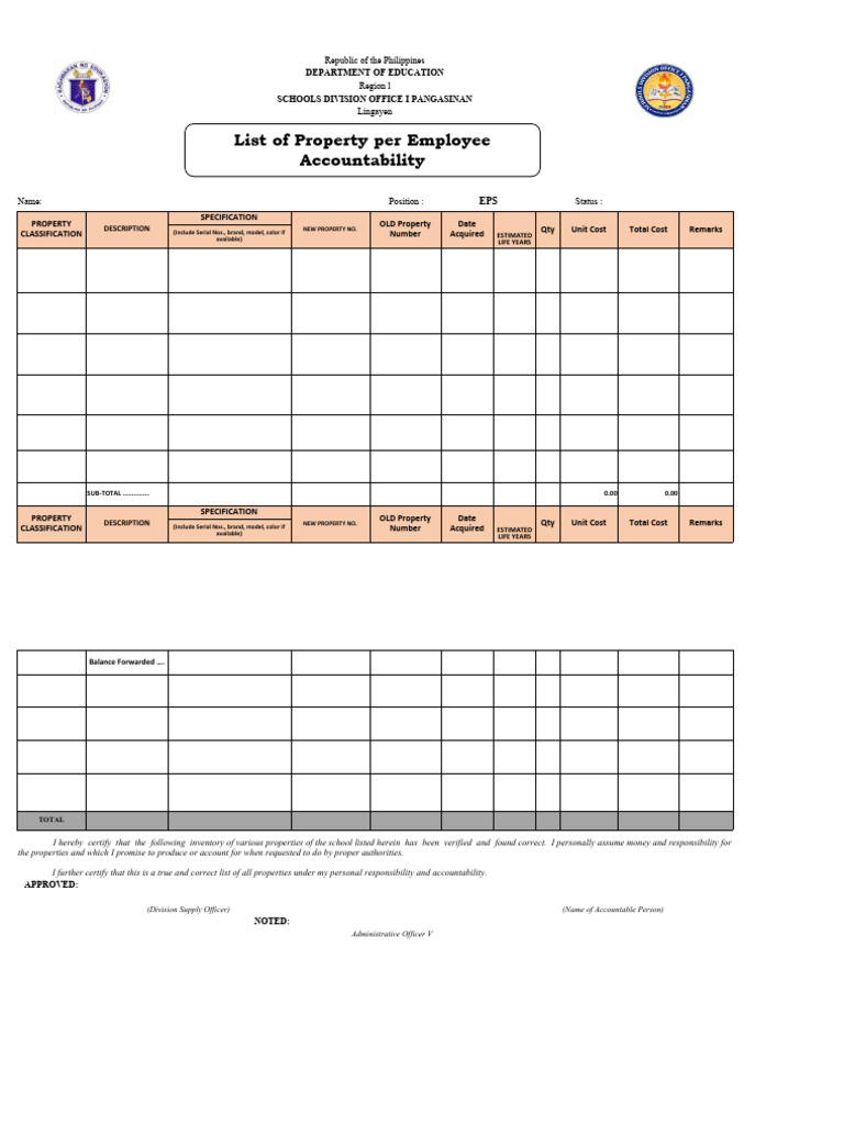 Property Accountability Form Template | PDF | Business | Business Economics