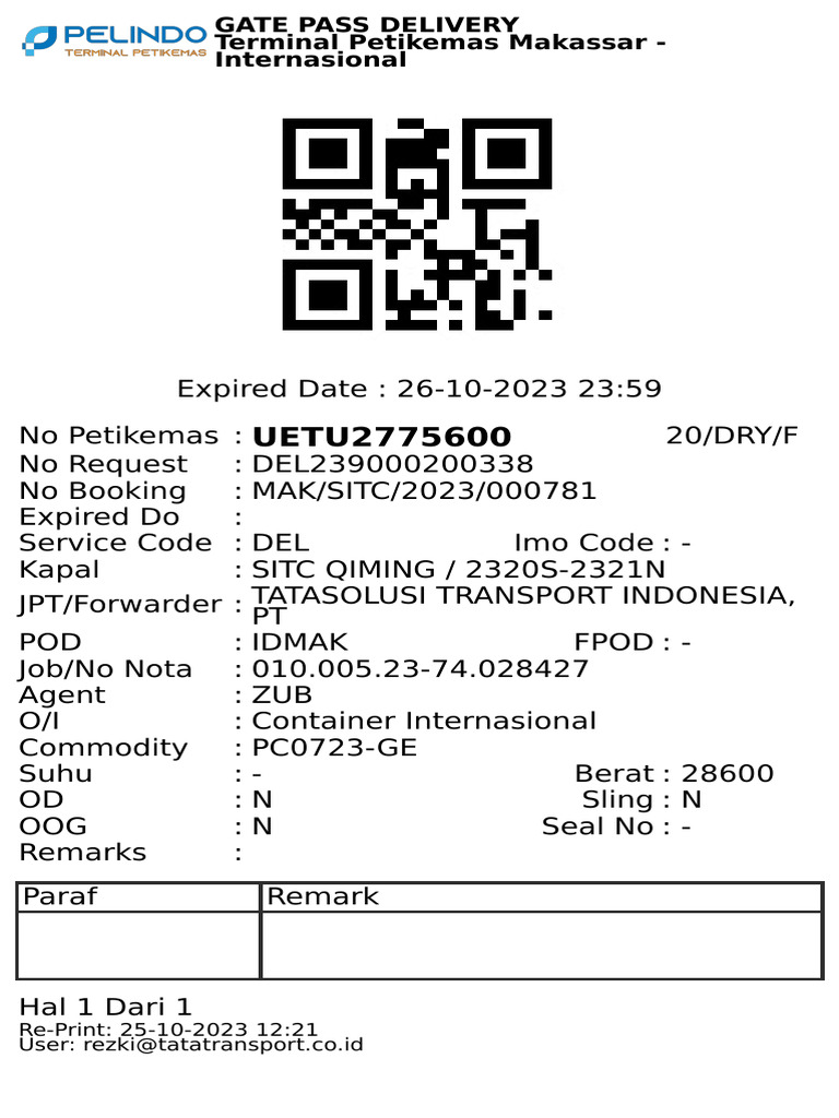 Gate Pass Delivery for SITC QIMING | PDF