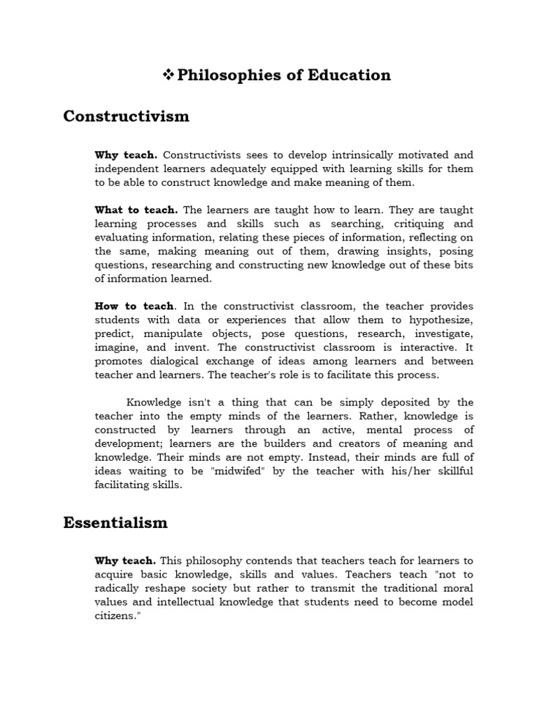 Philosophies of Education | PDF | Pragmatism | Constructivism (Philosophy Of Education)