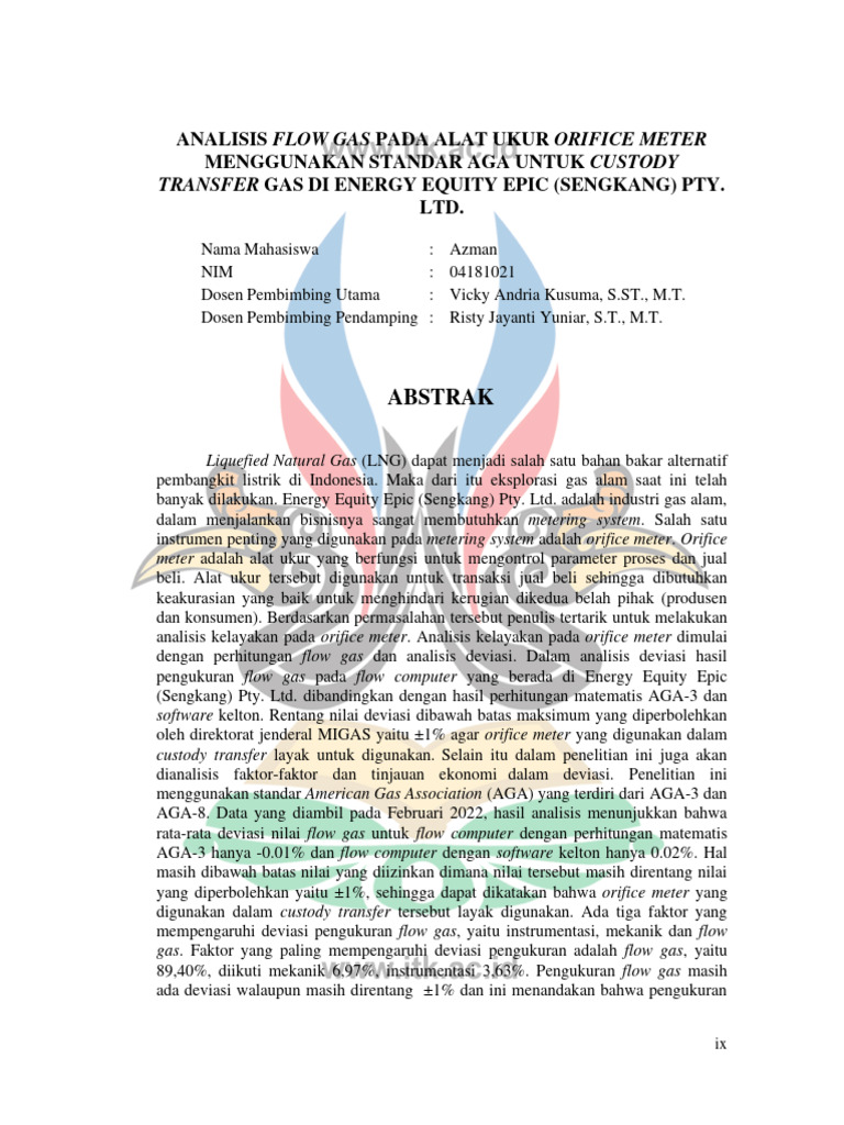 Absract - Id ANALISIS FLOW GAS PADA ALAT UKUR ORIFICE METER MENGGUNAKAN STANDAR AGA | PDF