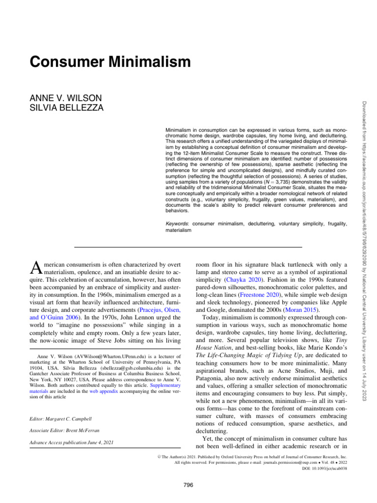 1.-JCR Wilson2022 Consumer-Minimalism | PDF | Minimalism | Consumerism