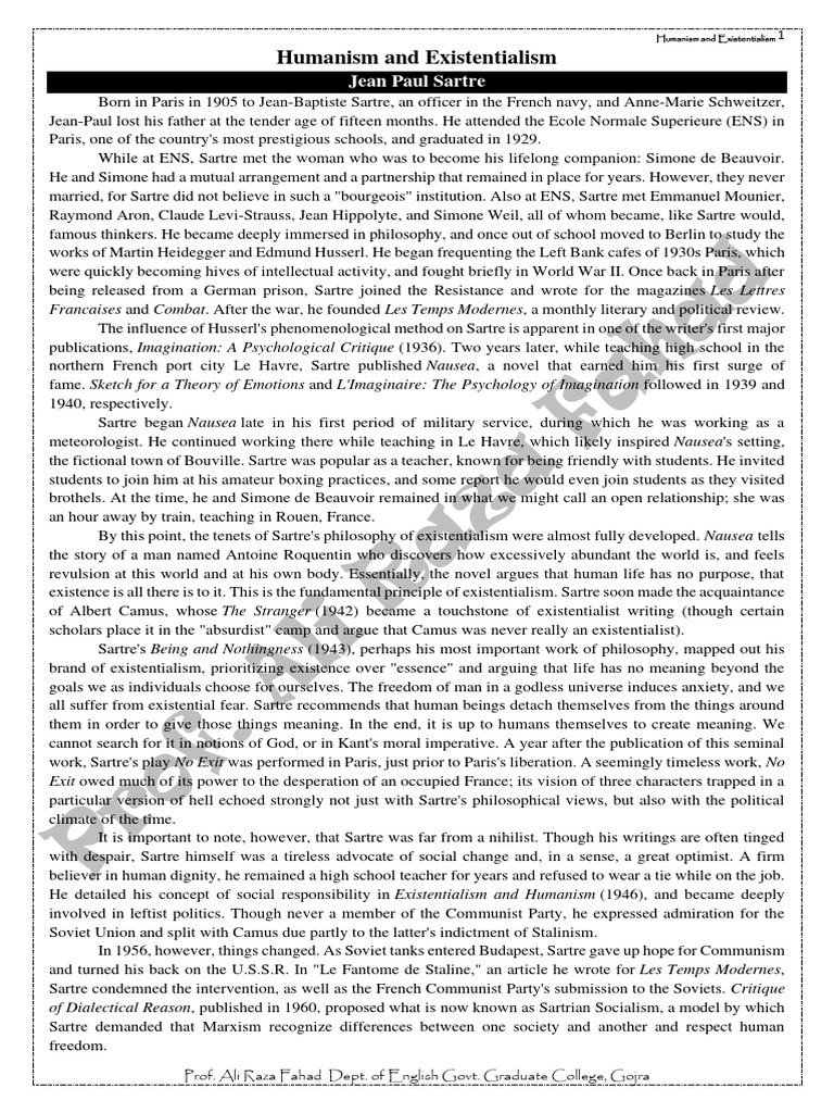 Humanism and Existentialism Short | PDF | Existentialism | Jean Paul Sartre