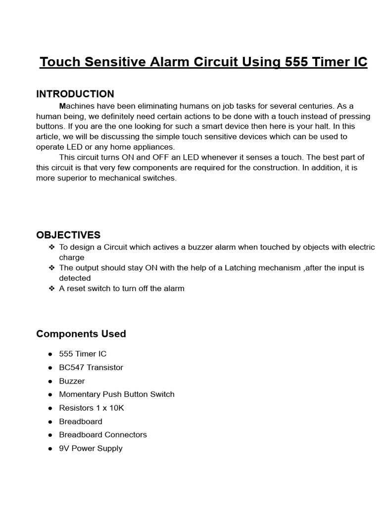Touch Alarm Circuit with 555 Timer | PDF | Electronic Circuits | Switch