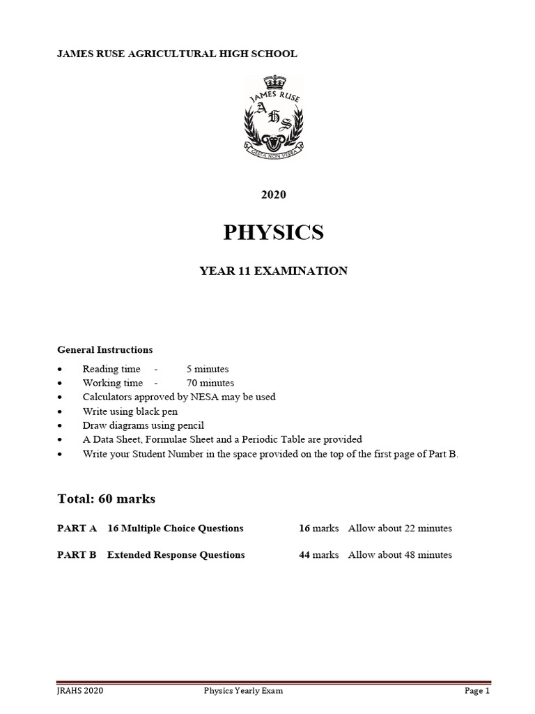 James Ruse 2020 Physics Prelim Yearly & Solutions | PDF | Momentum | Force