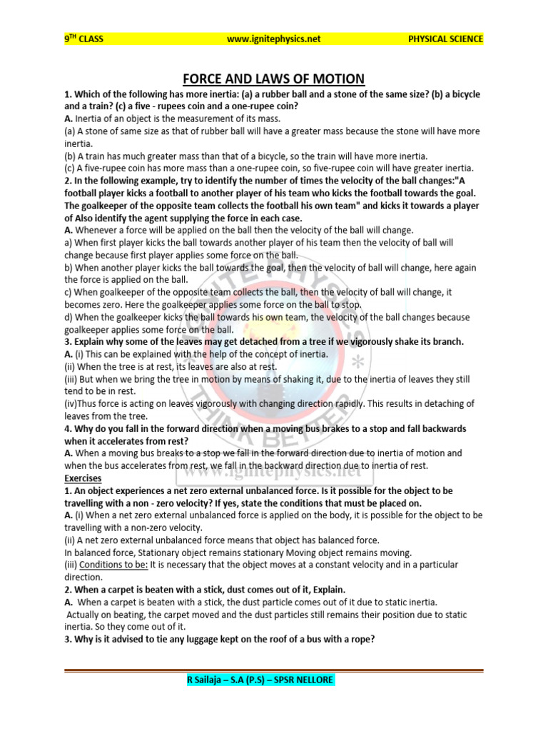 Force and Laws of Motion Notes | PDF | Force | Momentum