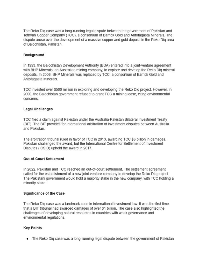 Reko Diq Case Complete Case Details | PDF
