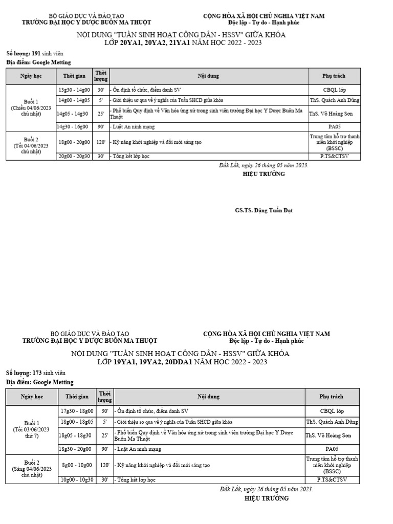 Thời khóa biểu SHCD GIUA KHOA | PDF