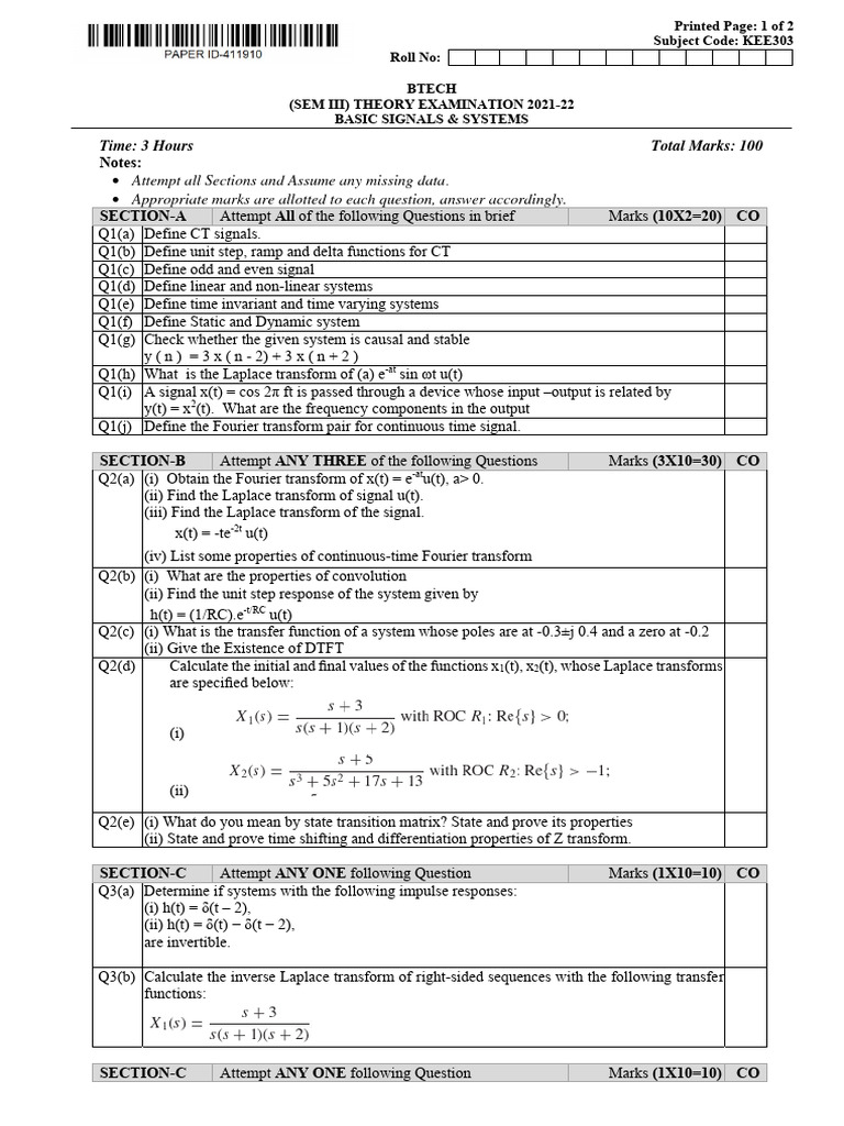 BTech Signals & Systems Exam | PDF | Laplace Transform | Functional Analysis