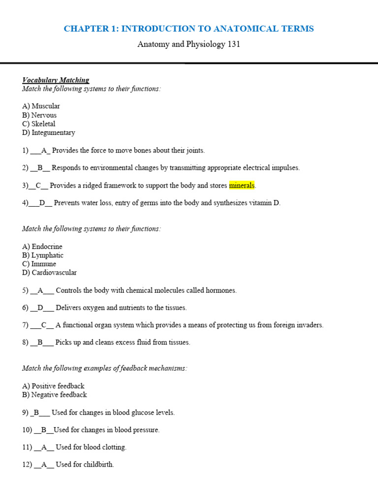 Ch. 1 Student Packet (A&P 1) With Answer | PDF | Human Body ...