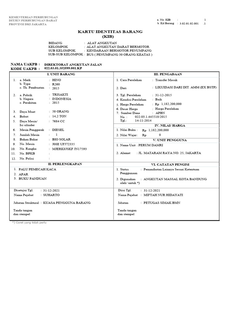 Kartu Identitas Barang (KIB) : Nama Uakpb Kode Uakpb | PDF