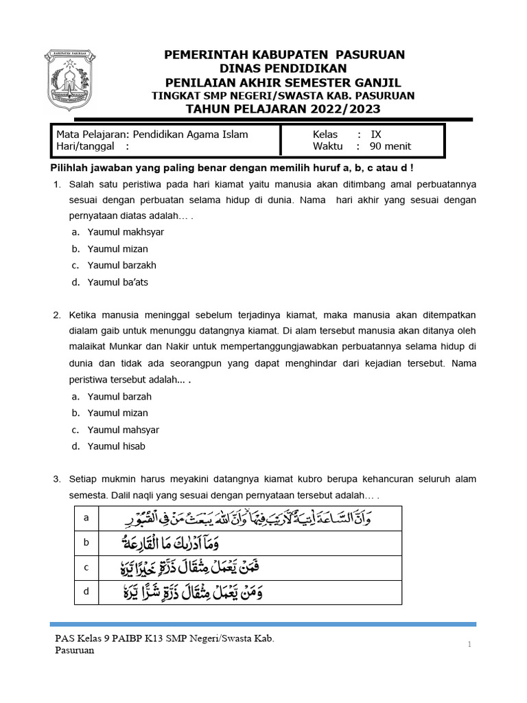 Soal PAS Kls 9 TH 2022-2023 Draft 1 | PDF