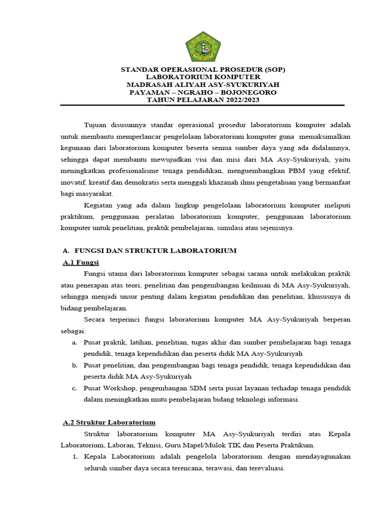 SOP Laboratorium Komputer MA Asy-Syukuriyah | PDF