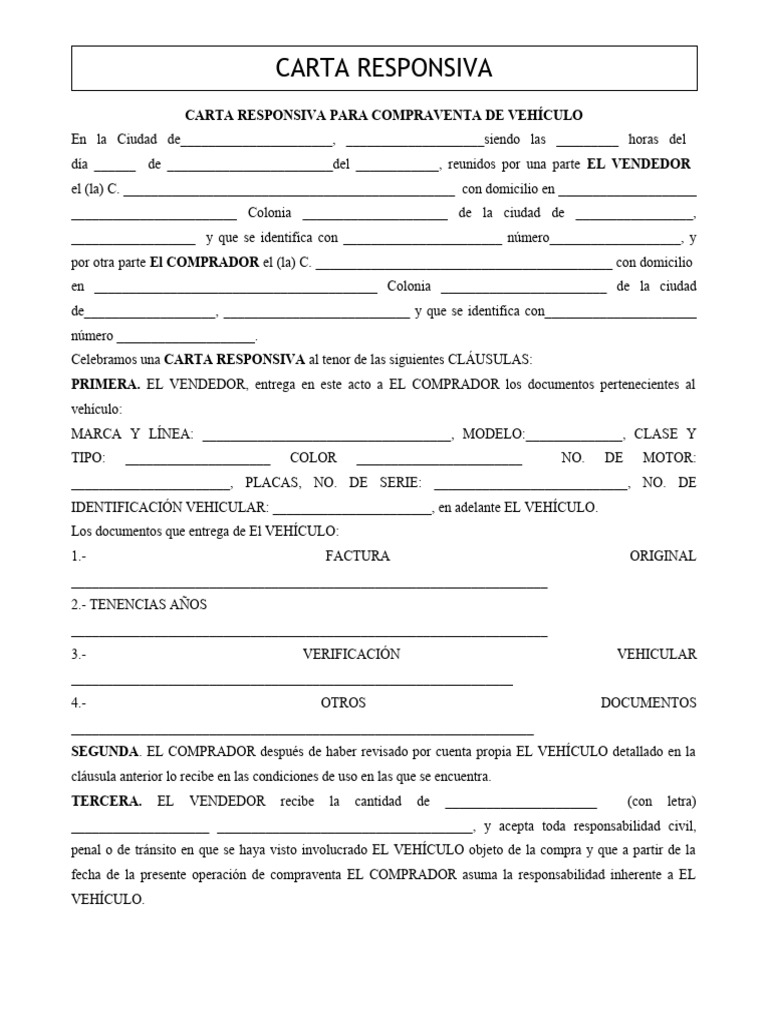 Carta Responsiva Compraventa de Vehiculo | PDF