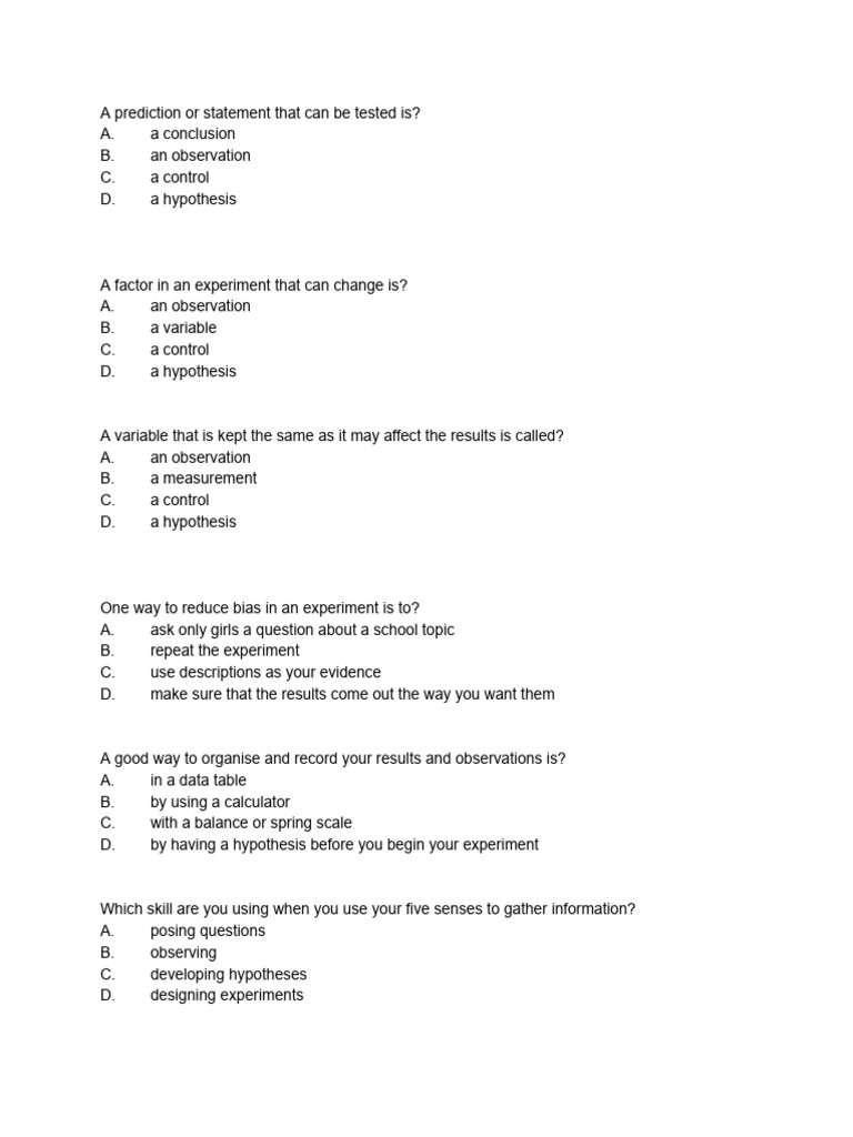 Science Inquiry Skills Questions | Download Free PDF | Experiment ...