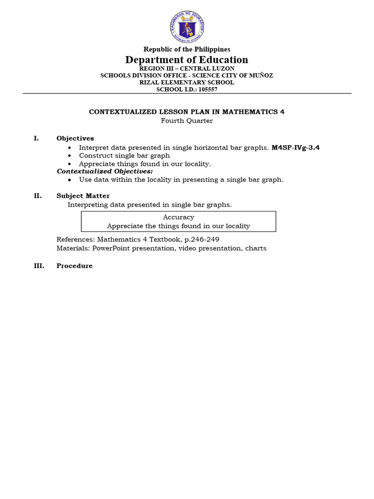 LESSON PLAN in MATH4-Interpret Data Presented in Single Bar Graphs. | PDF