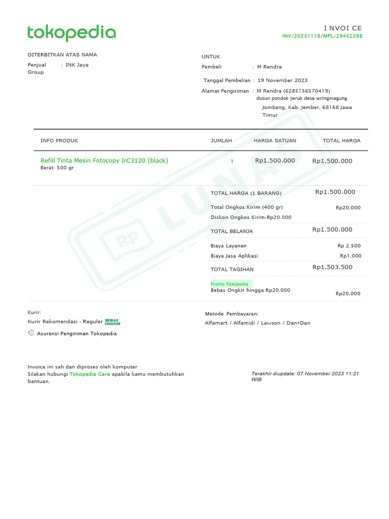 Invoice Pembelian Tinta Fotocopy Jember | PDF