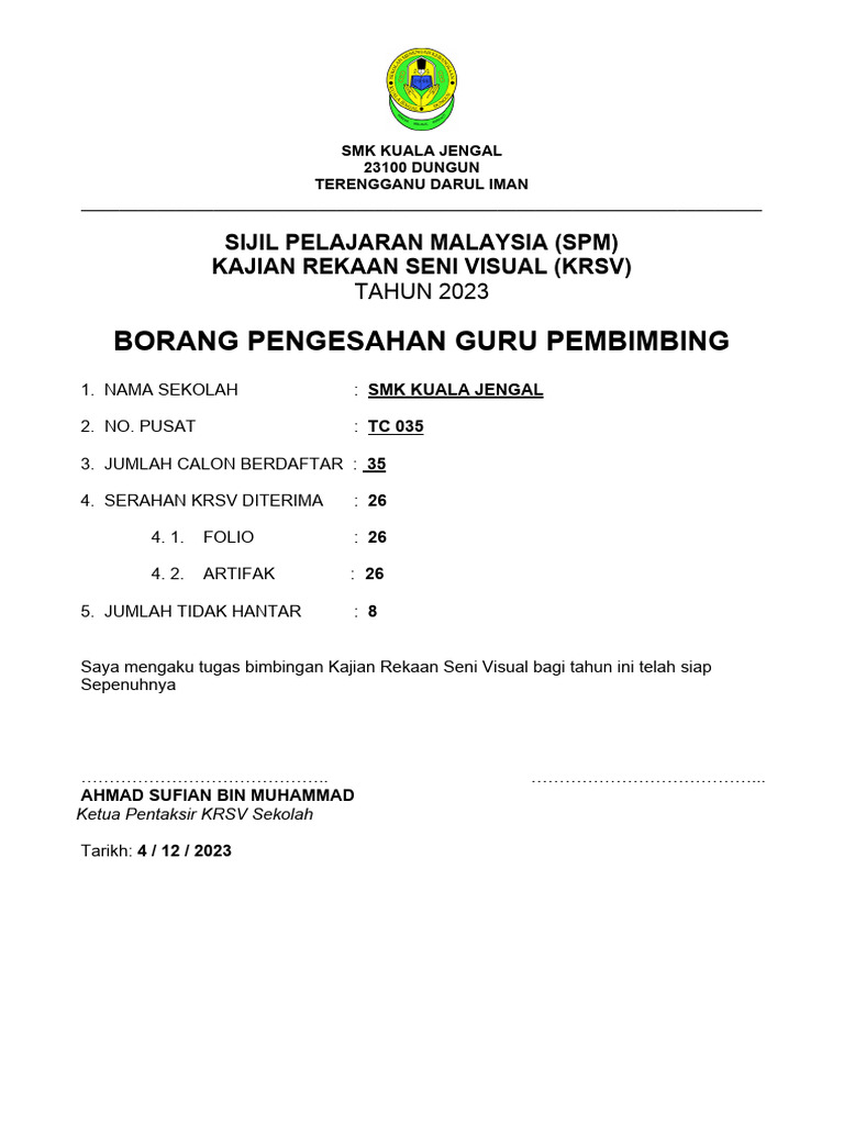Borang Perakuan Calon 2023 KRSV | PDF