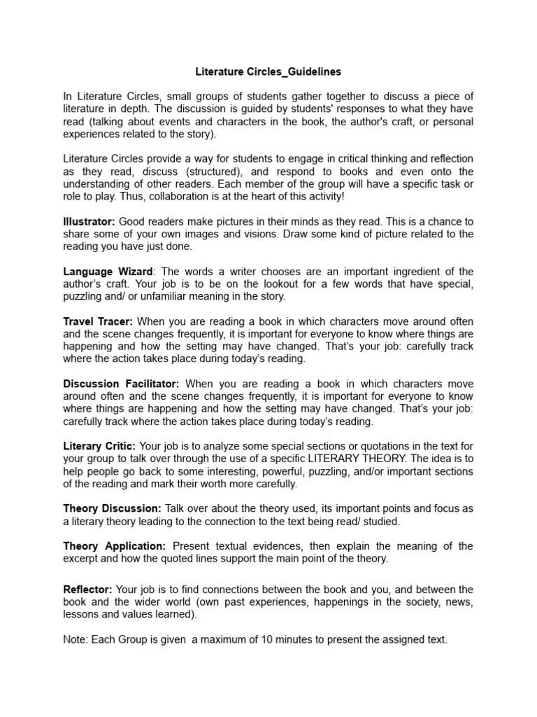 Guidelines - Literary Circles - WordlitP4B | PDF | Theory | Experience