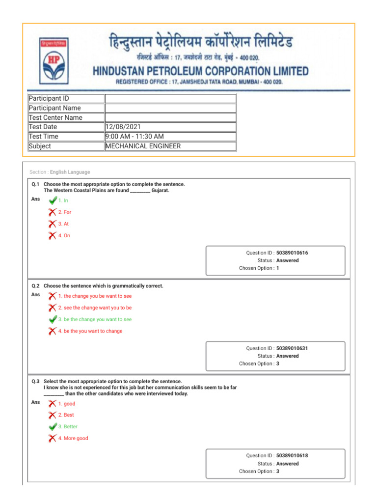 HPCL Me Question Paper 26 | PDF | Question | Water