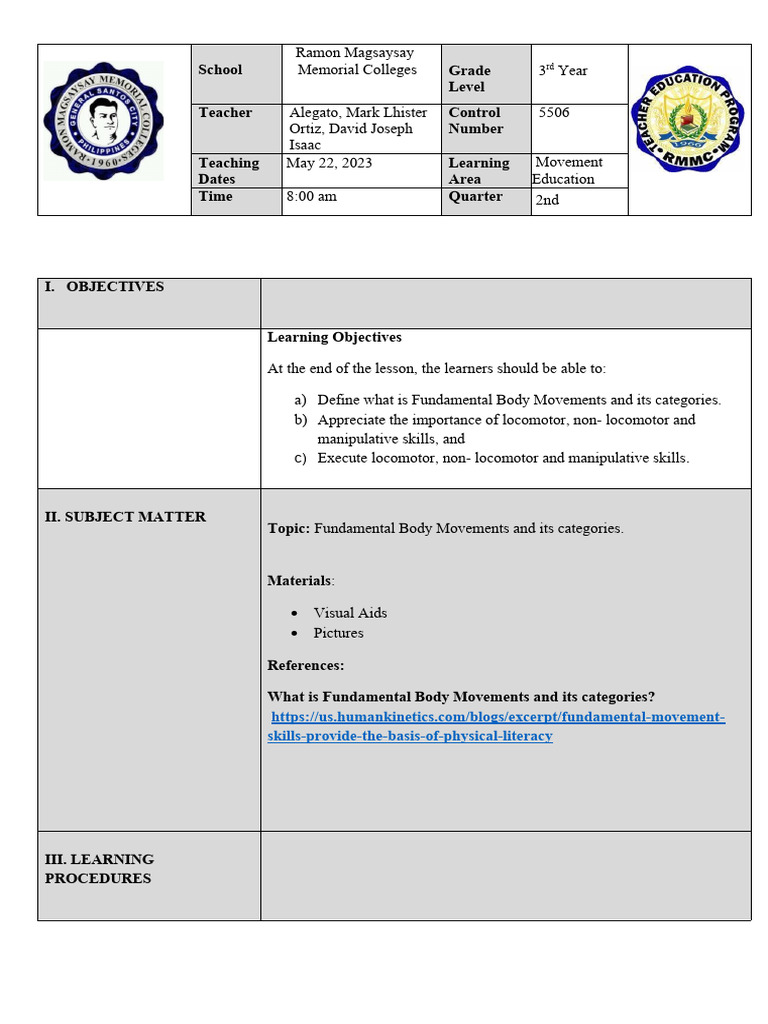 Lesson Plan: Body Movement Skills | PDF | Teachers | Learning