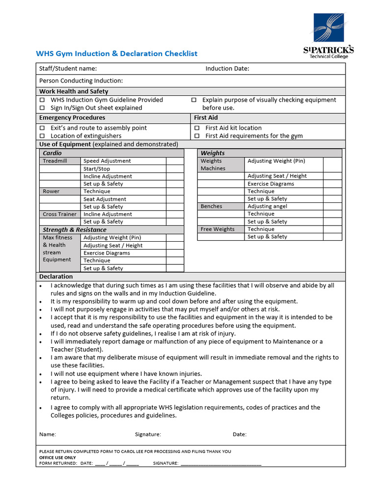 WHS Gym Induction Declaration CHECKLIST V1 April 2019 | PDF | Personal ...
