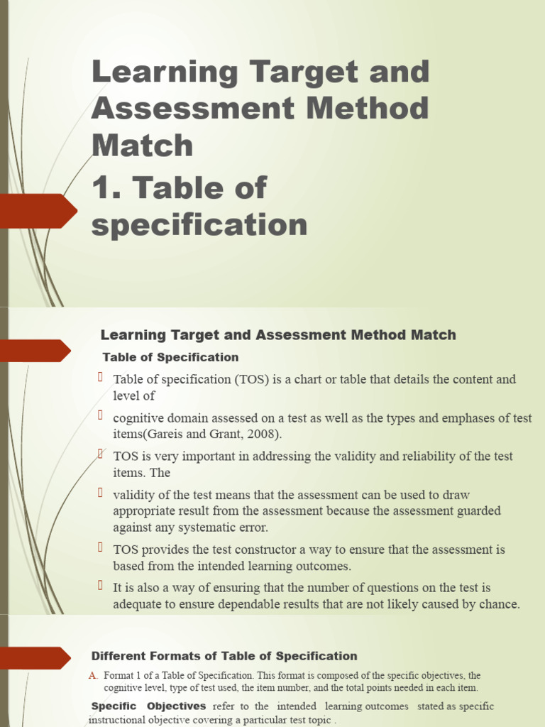 Table of Specification for Assessments | PDF | Educational Assessment ...