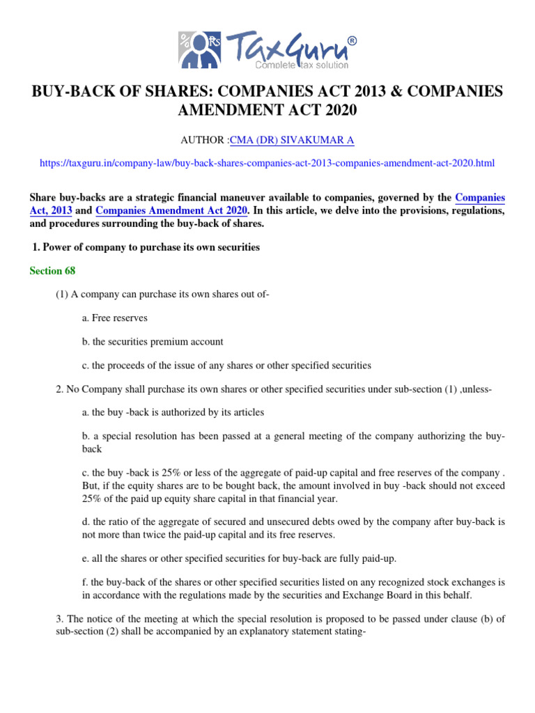 Buy-Back of Shares - Companies Act 2013 & Companies Amendment Act 2020 - Taxguru - in | PDF ...