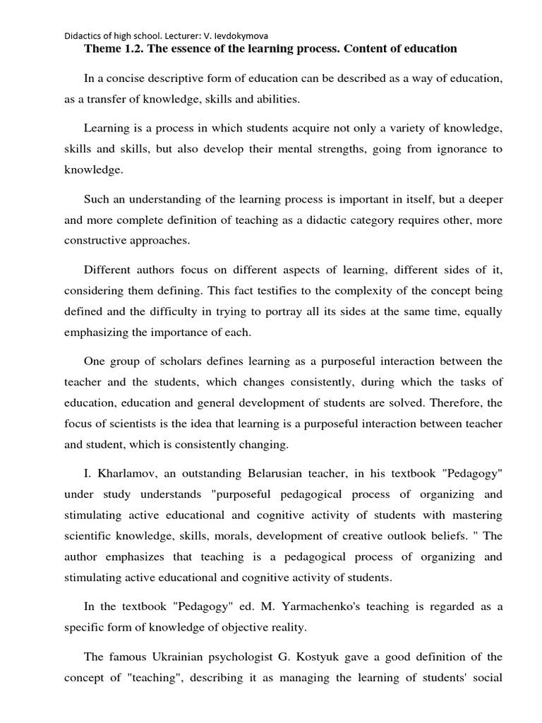 Theme 1.2. The Essence of The Learning Process. Content of Education ...