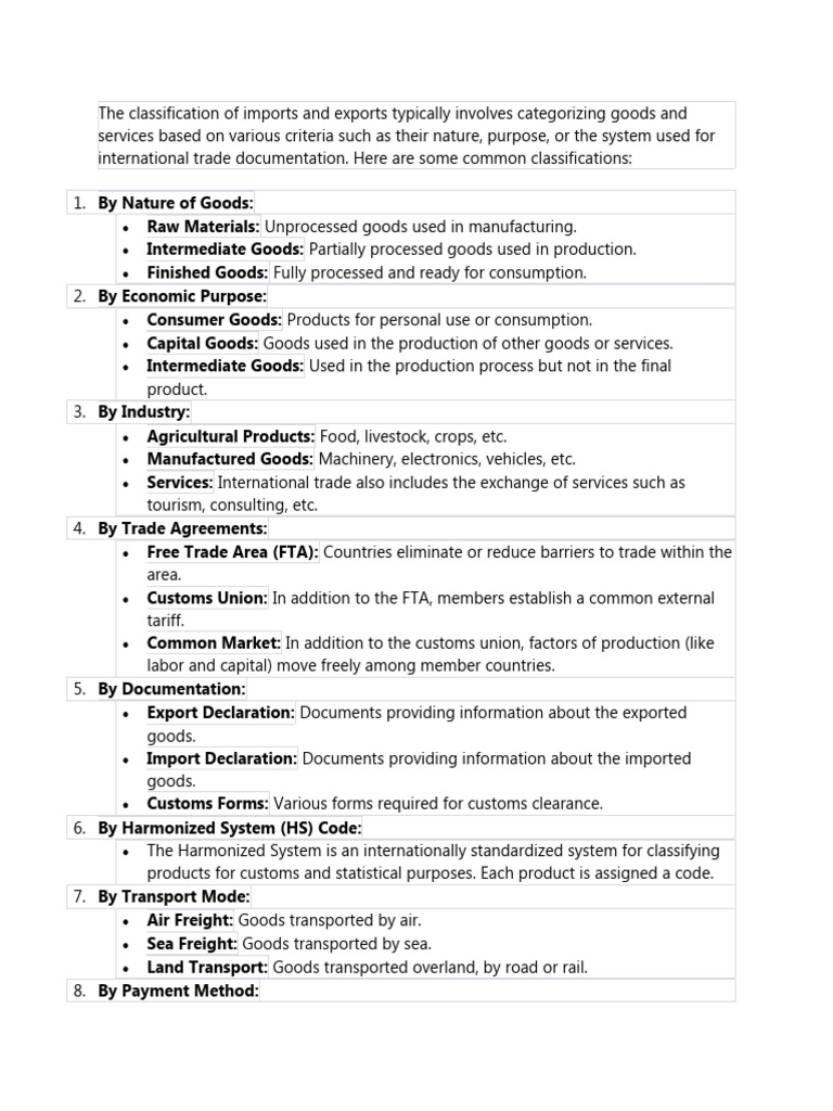 The Classification of Imports and Exports Typically Involves ...