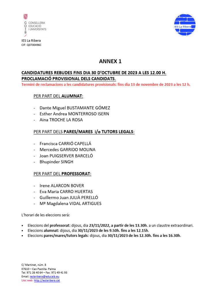 Candidatures Prov. C.escolar I Dia-Hora Eleccions | PDF
