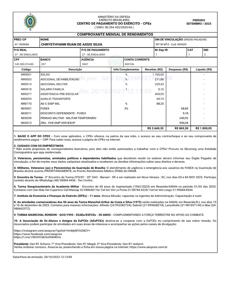 Contracheque SET 23 | PDF | Militar | Brasil