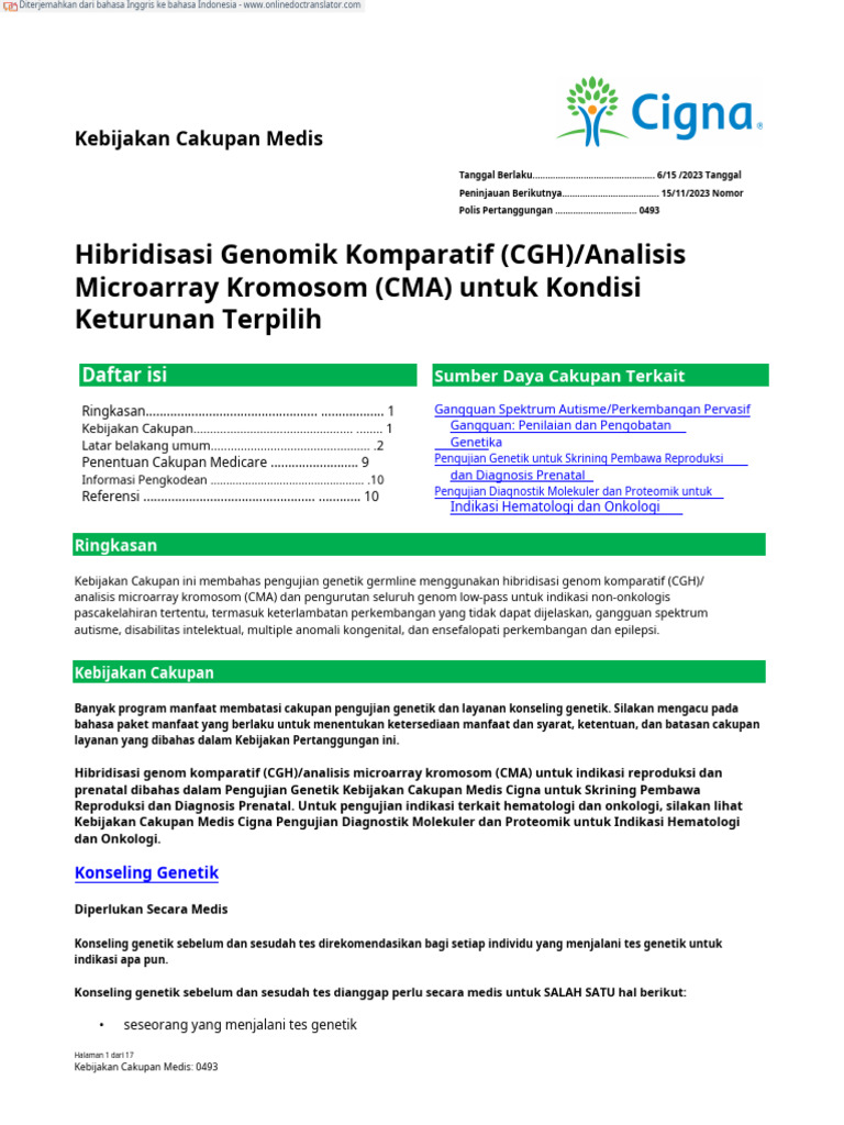Comparative Genomic Hybridization (CGH) Chromosomal Microarray Analysis (CMA) For Selected ...