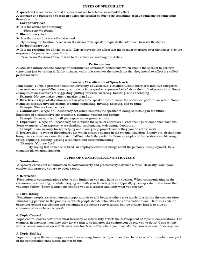 Oral Com Types of Speech Act | PDF | Human Communication | Communication